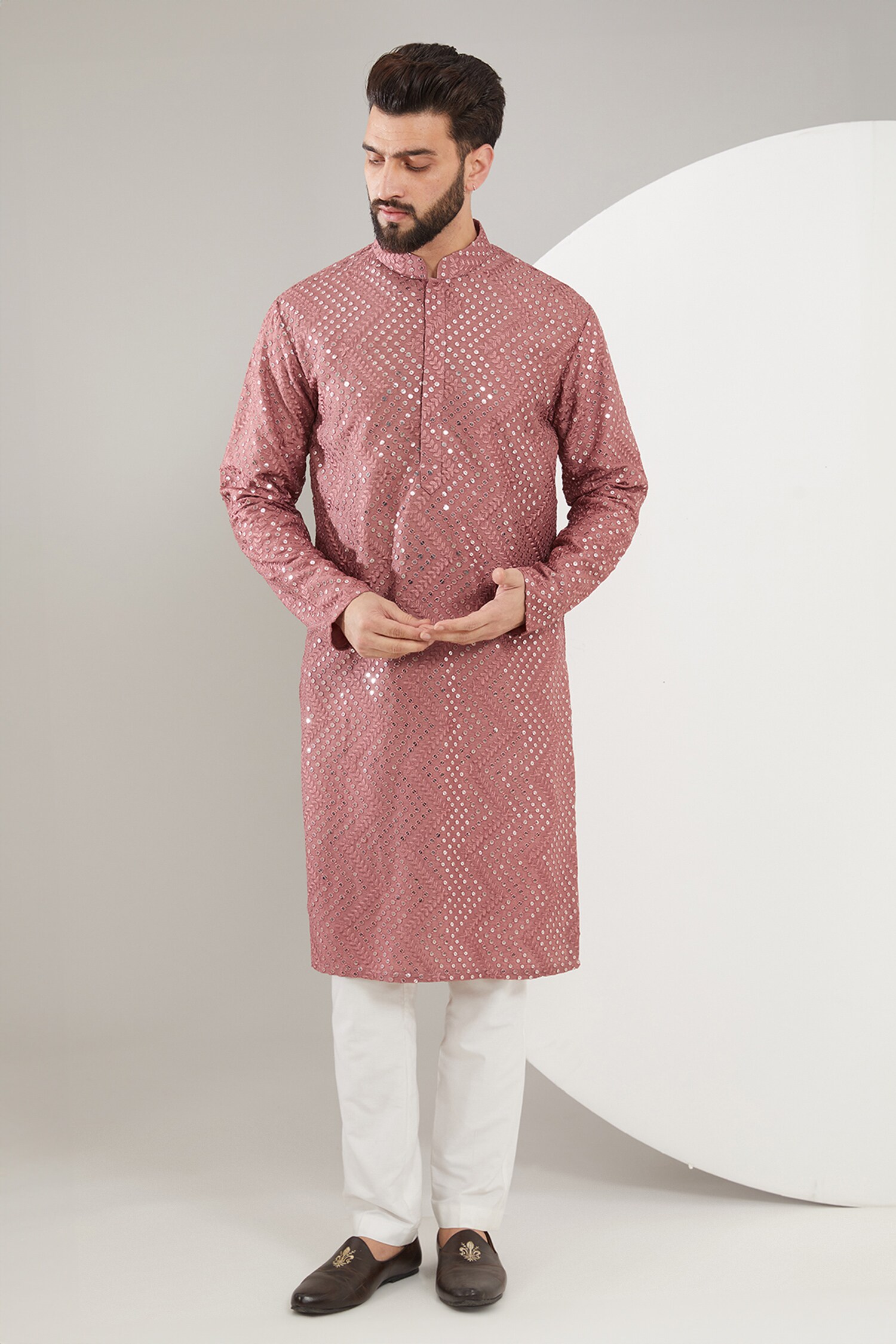 Buy Pink Silk Embroidery Thread Sequin And Work Kurta Set For Men by ...