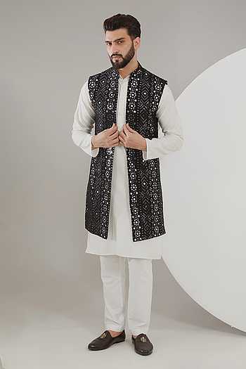 Buy Black Silk Embroidered Mirror Long Open Nehru Jacket For Men by ...