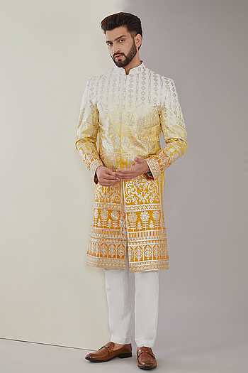 Buy Yellow Chanderi Silk Embroidered Applique Floral Sherwani For Men ...