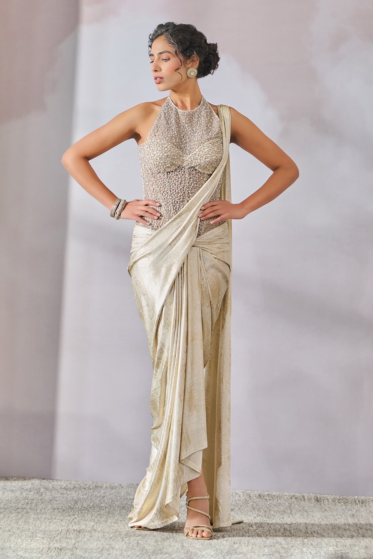 Buy Ivory Foil Jersey Pearl Halter Concept Saree With Bead Work Corset ...