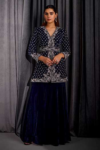 Buy Blue Velvet Embroidered Sequin V Neck Hand Kurta Gharara Set For ...