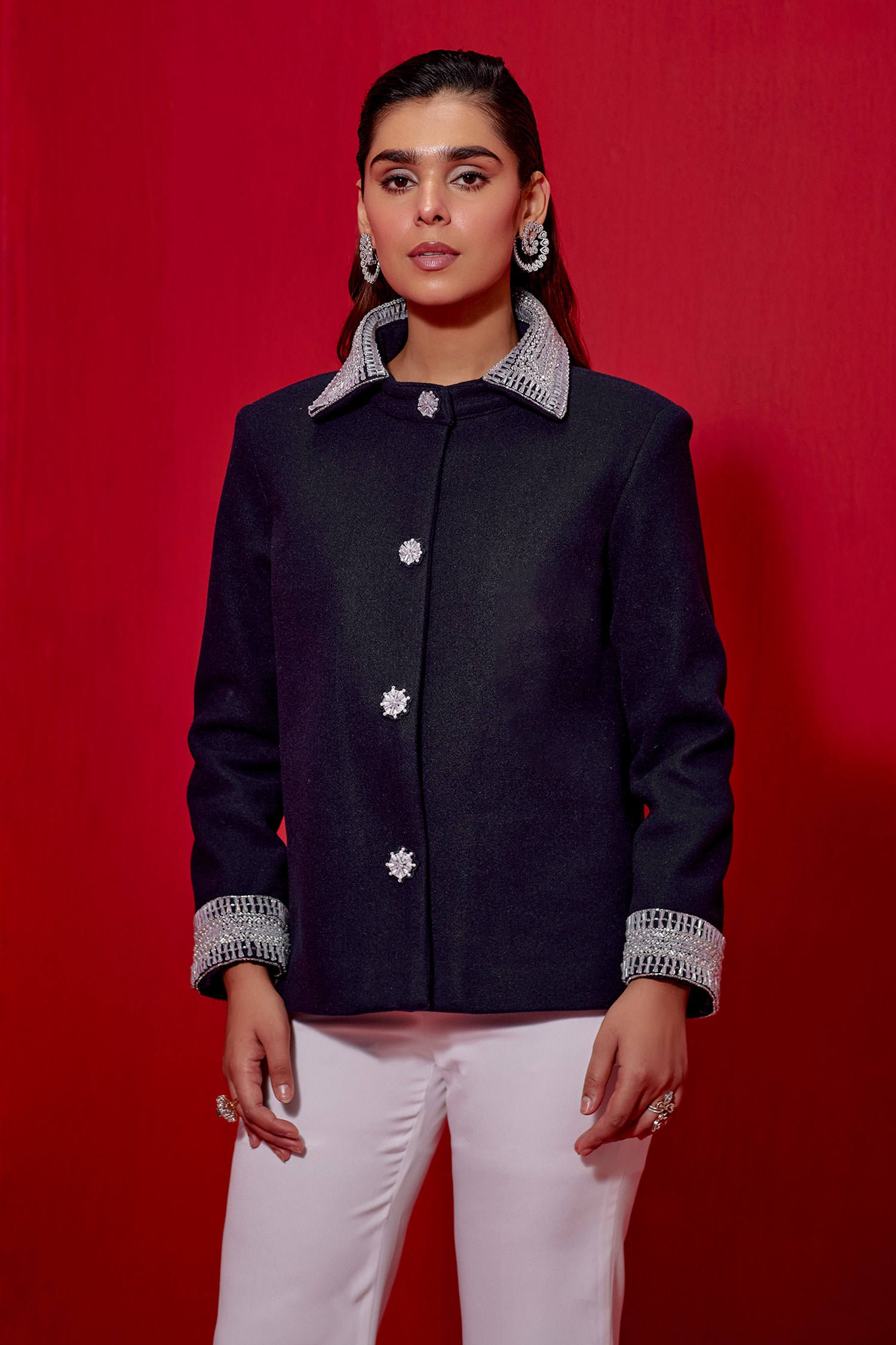 Buy Blue Wool Blend Embroidered Bead Collar Glass Hand Jacket For Women ...