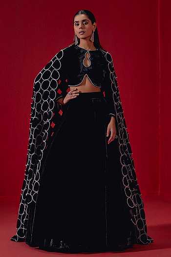 Buy Black Velvet Embellished Pearl Round Lehenga Set With Spherical ...