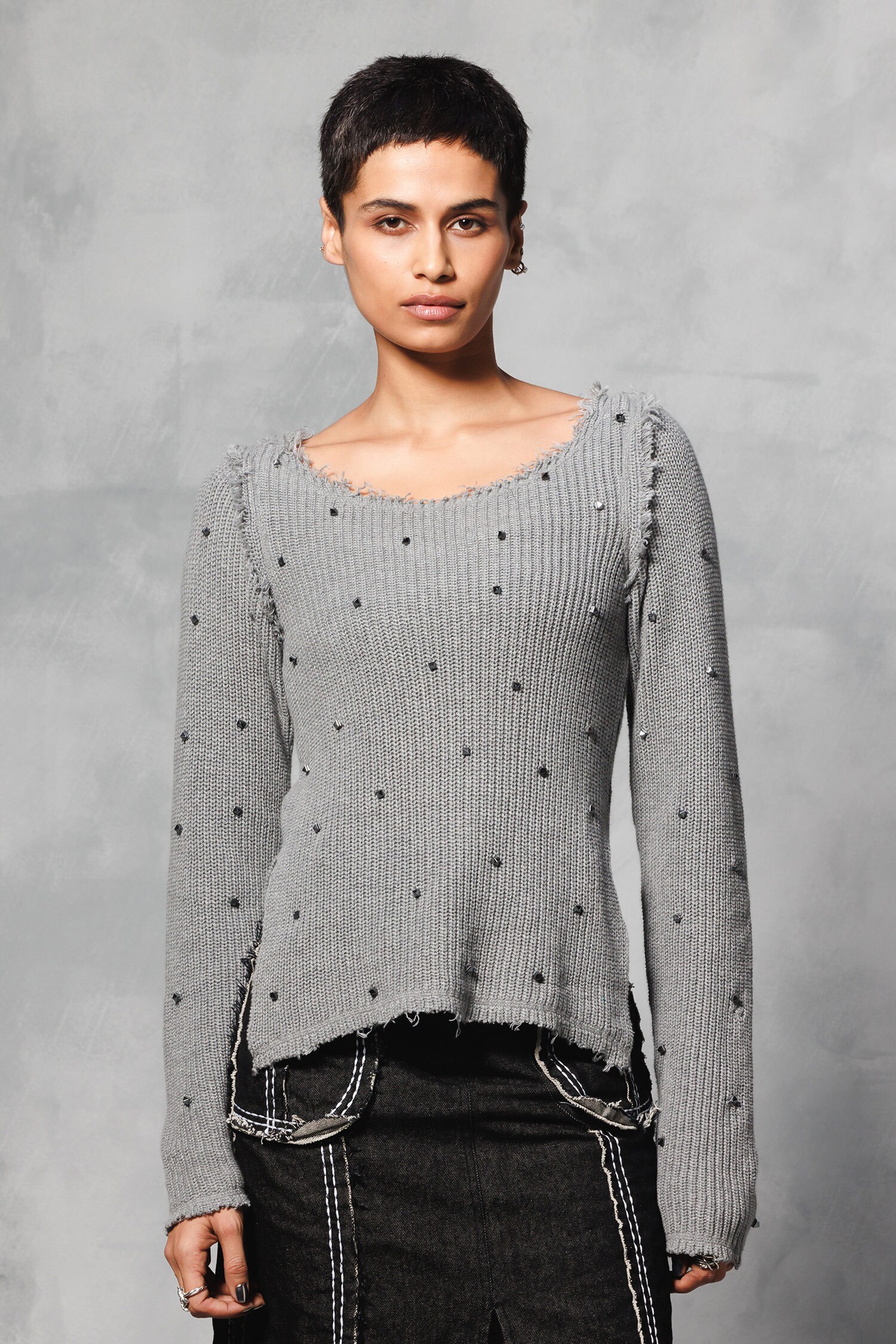 Buy Grey 100% Cotton Embroidery Metallic Quad Round Studded Sweater For ...
