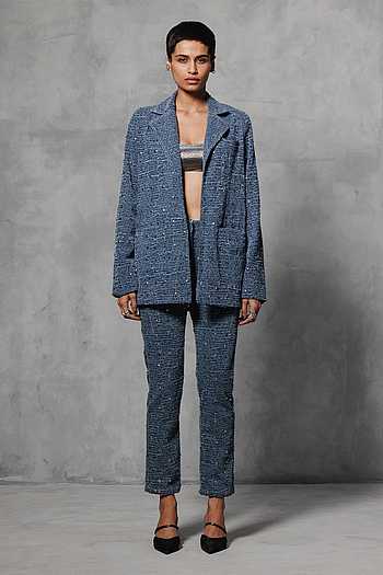 Buy Blue 100% Cotton Denim Embellished Studs Pant For Women by ...