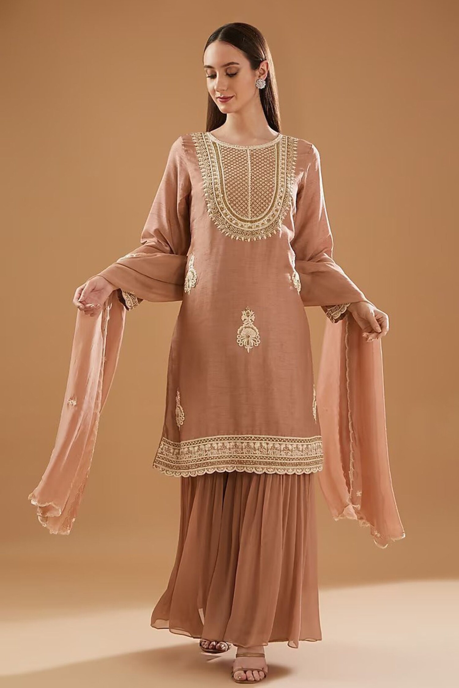 Buy Pink Kurta Dupion Silk Embroidery Zardozi Round Resham Work Sharara ...