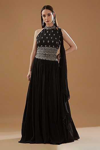 Buy Black Satin Silk Hand Embroidered Sequins Halter Blouse Lehenga Set ...