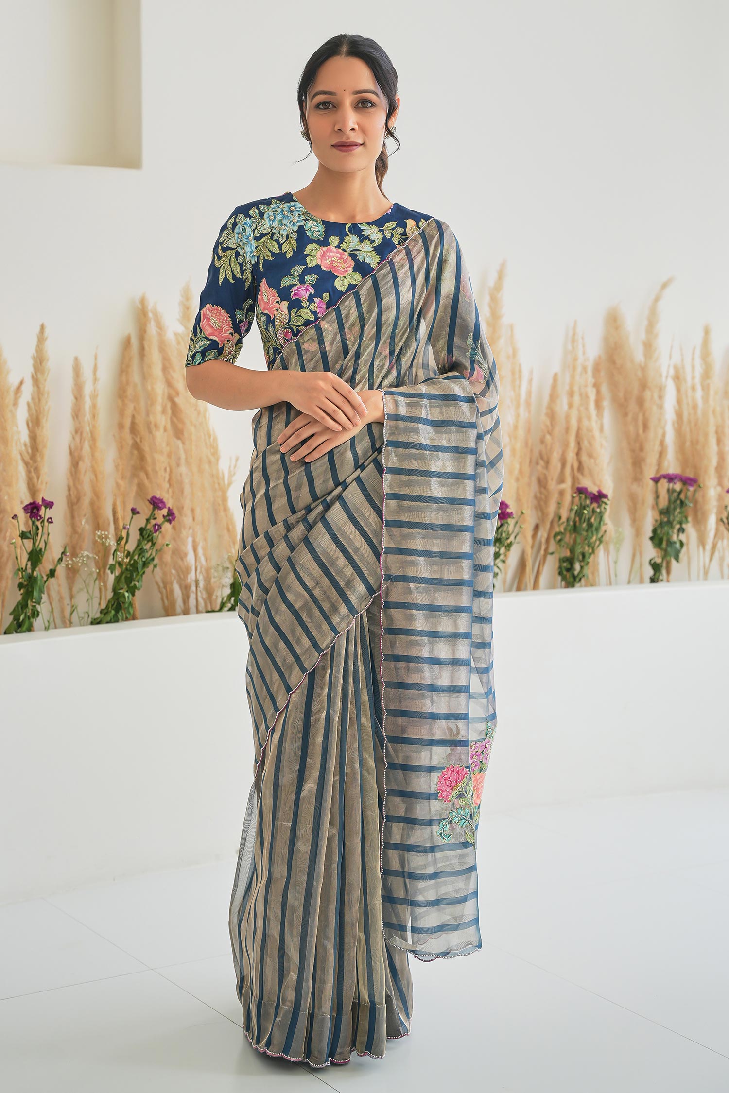 Buy Blue Handloom Zari Woven Floral Nura Stripe Pattern Saree With Blouse For Women by Pita Nila ...