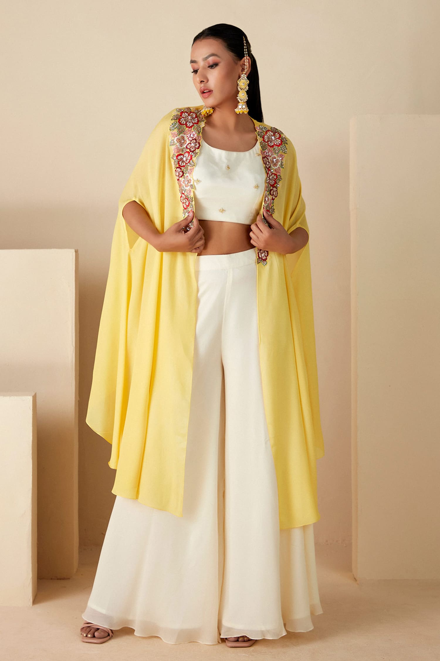 Buy White Georgette Crepe Embroidered Thread And Bead Cape Flared Pant ...