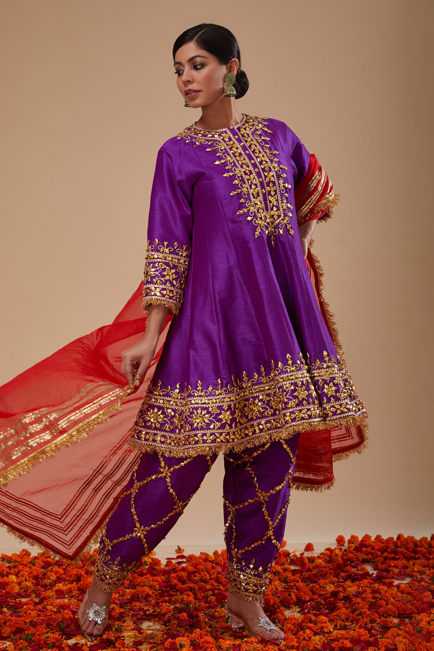 Buy Purple Dupion Embroidery Gota Round Floret Short Anarkali Salwar