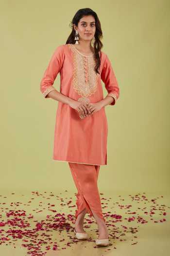 Buy Pink Bamber Satin Embroidery Florence Yoke Kurta With Samosa Pant ...