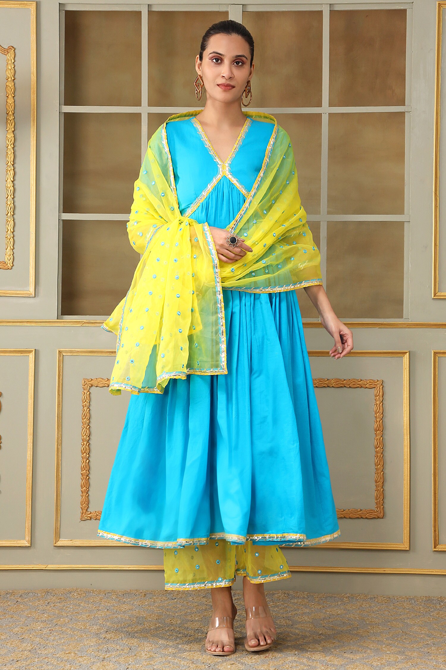 Buy Blue Anarkali And Pant: Cotton Embellished Mirror Saadgi Gota Work Set For Women by POMCHA ...