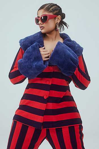 Buy Red Stripe Pattern Shawl Collar Jacket For Women by Mai Tai Online ...
