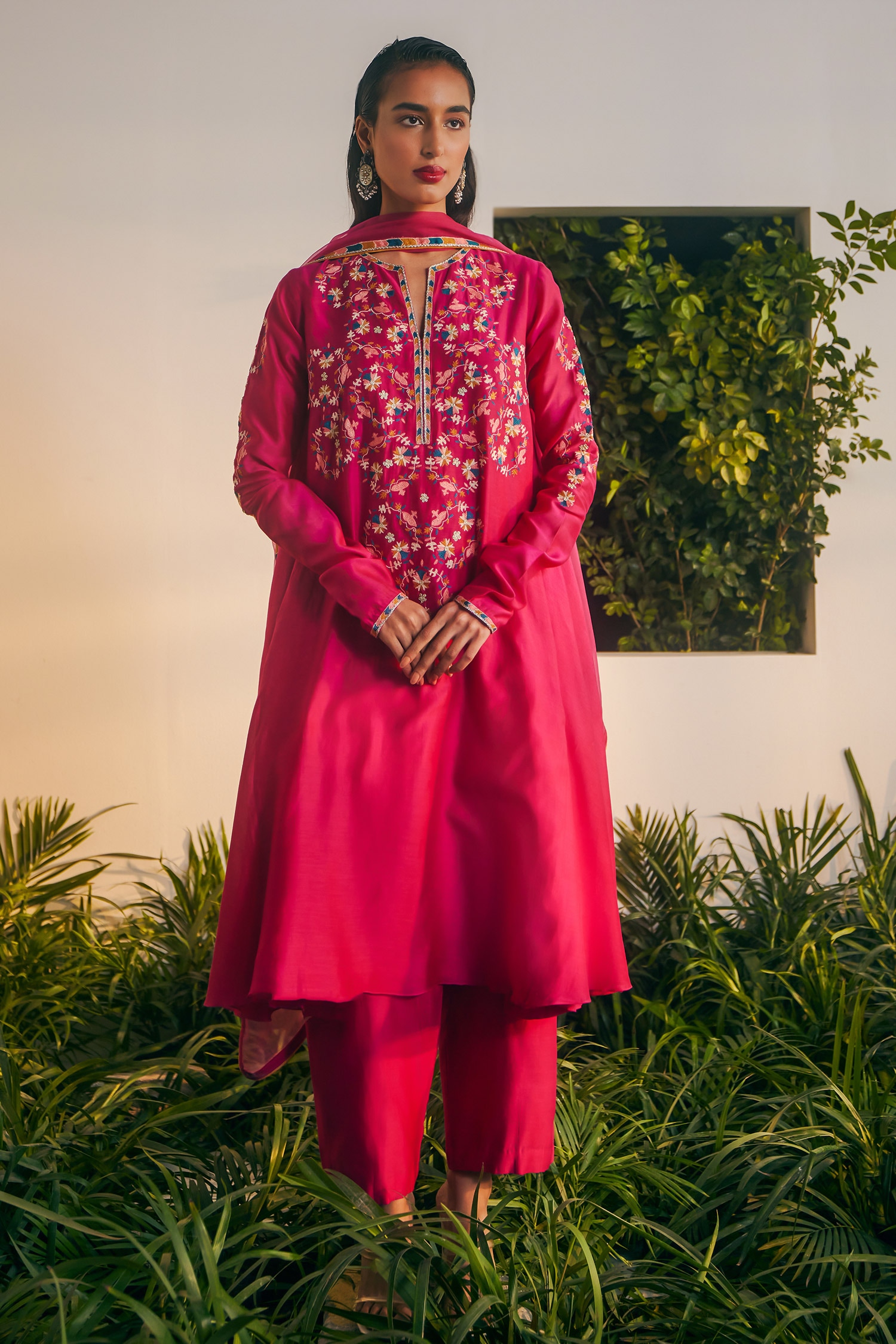 Buy Pink Silk Chanderi Embroidered Thread Kimaya Floral Kurta Pant Set For Women by Shikha Mehta ...