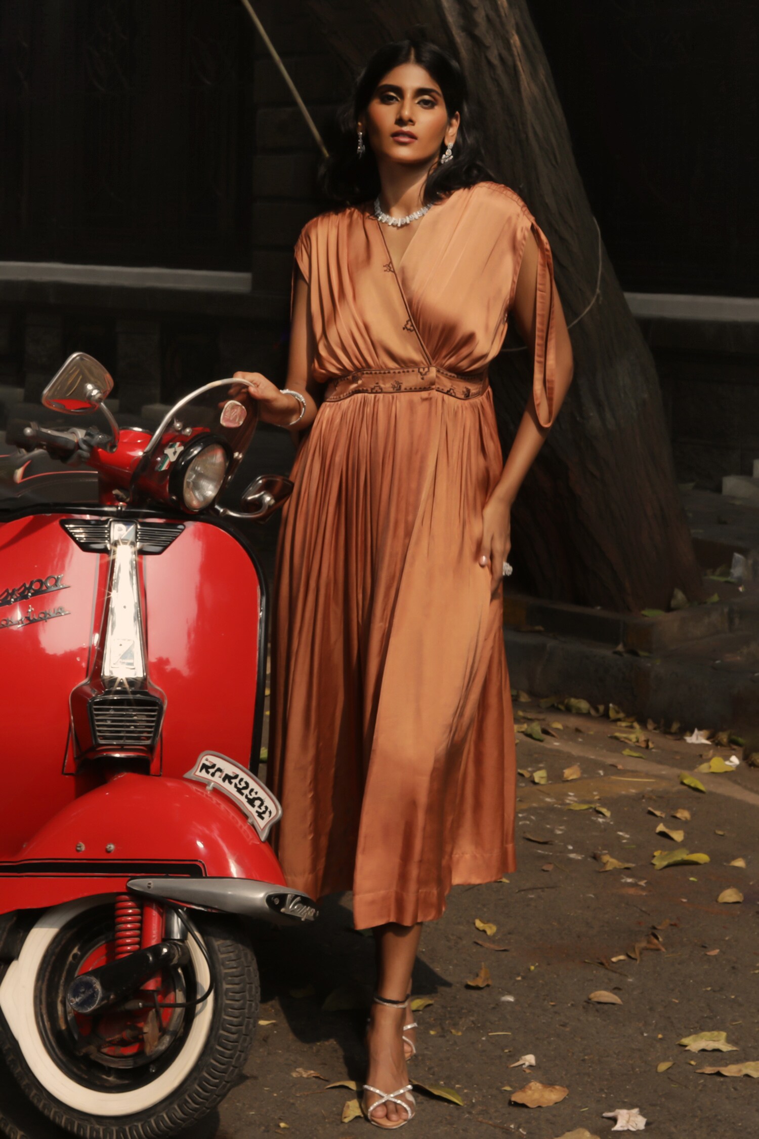 Buy Gold Modal Embroidery Geometric V Neck Overlapping Bodice Dress For ...