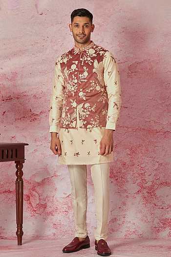 Buy Pink Velvet Embroidered Dori Bird Bundi Set For Men by Asuka Online ...