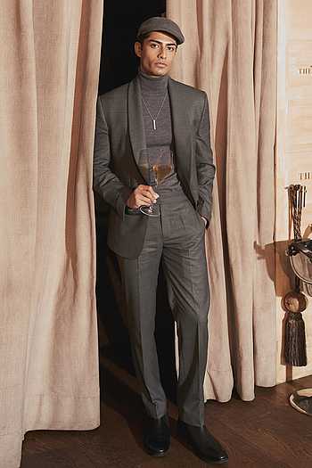 Buy Grey Wool Plain Lapel Collar Jacket Trouser Set For Men by Asuka ...