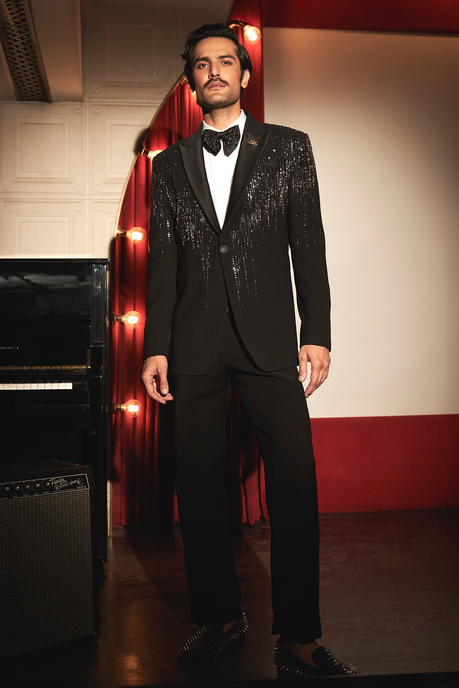 Buy Black Viscose Rayon Embroidery Nalki Noir Cascade Tuxedo Blazer ...