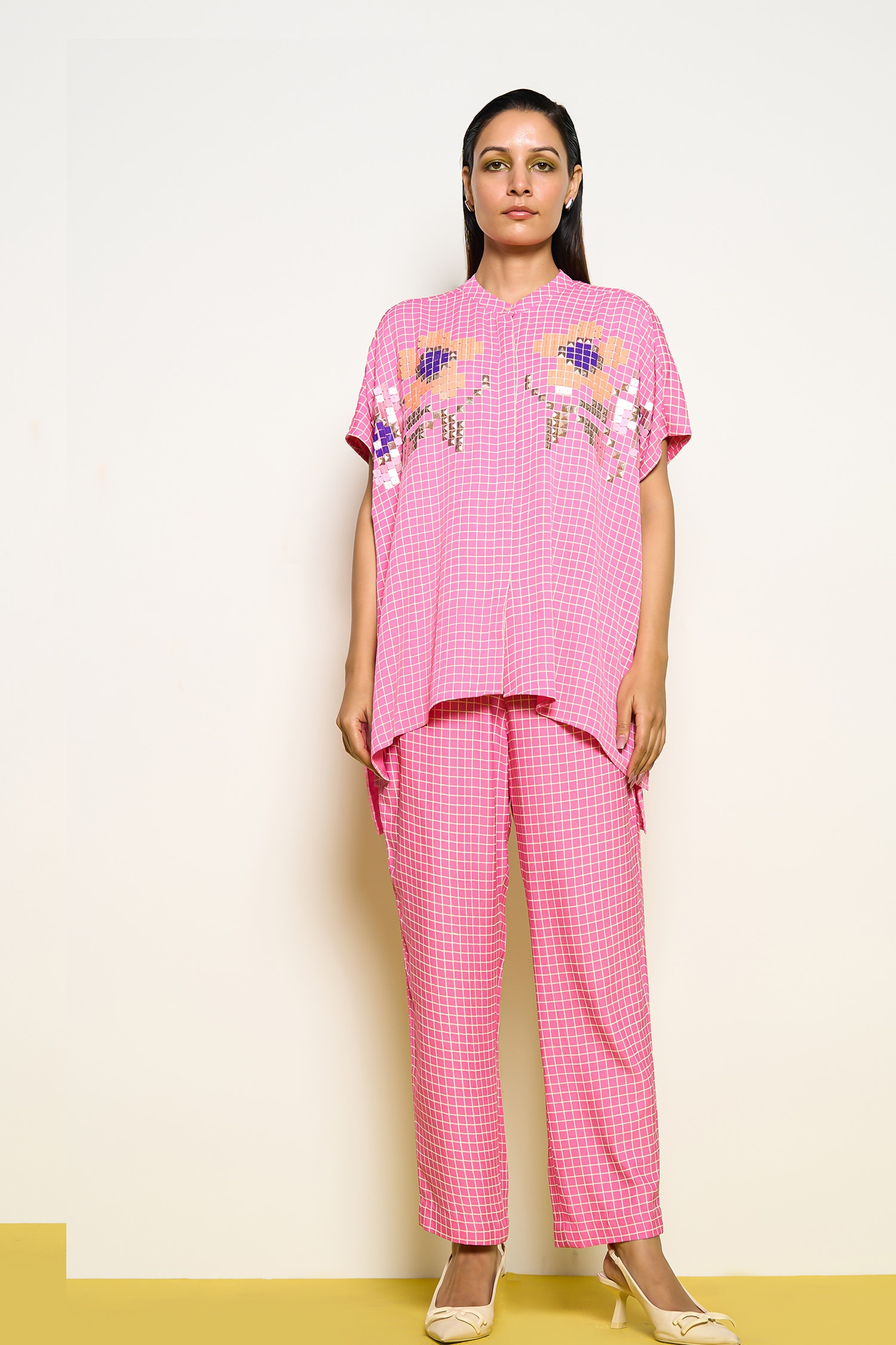 Buy Pink Double Georgette Printed Checkered Band Collar Square Shirt ...