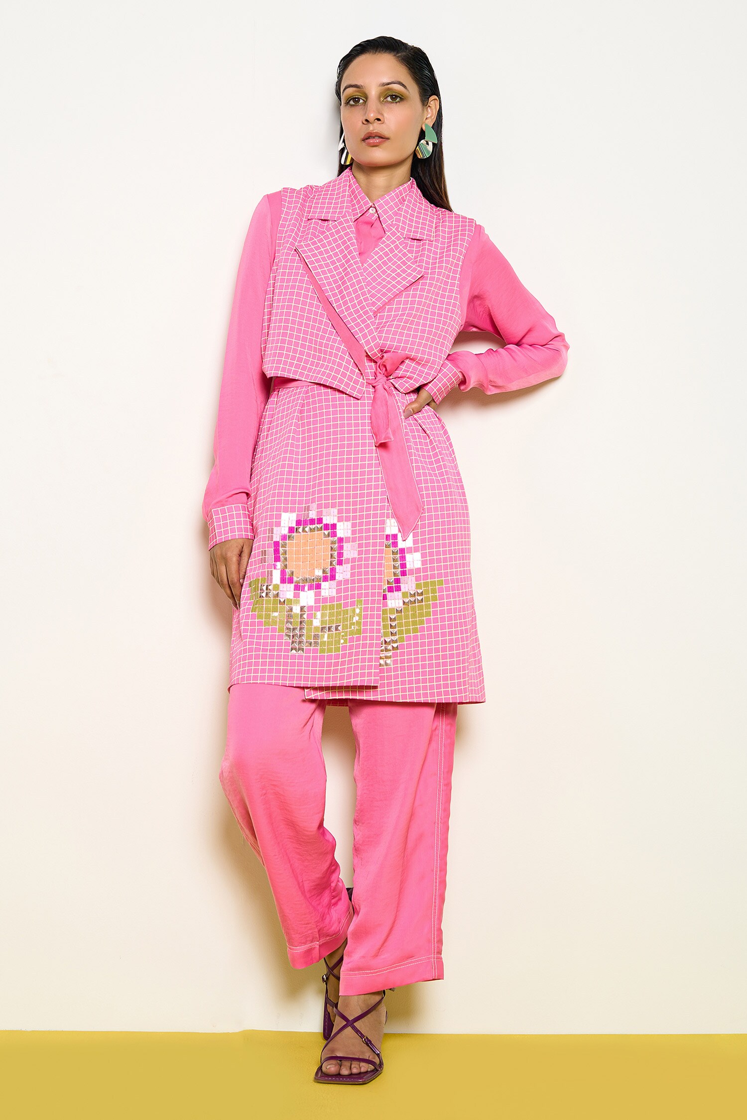 Buy Pink Double Georgette Printed Checkered Lapel Wildflower Jacket For ...