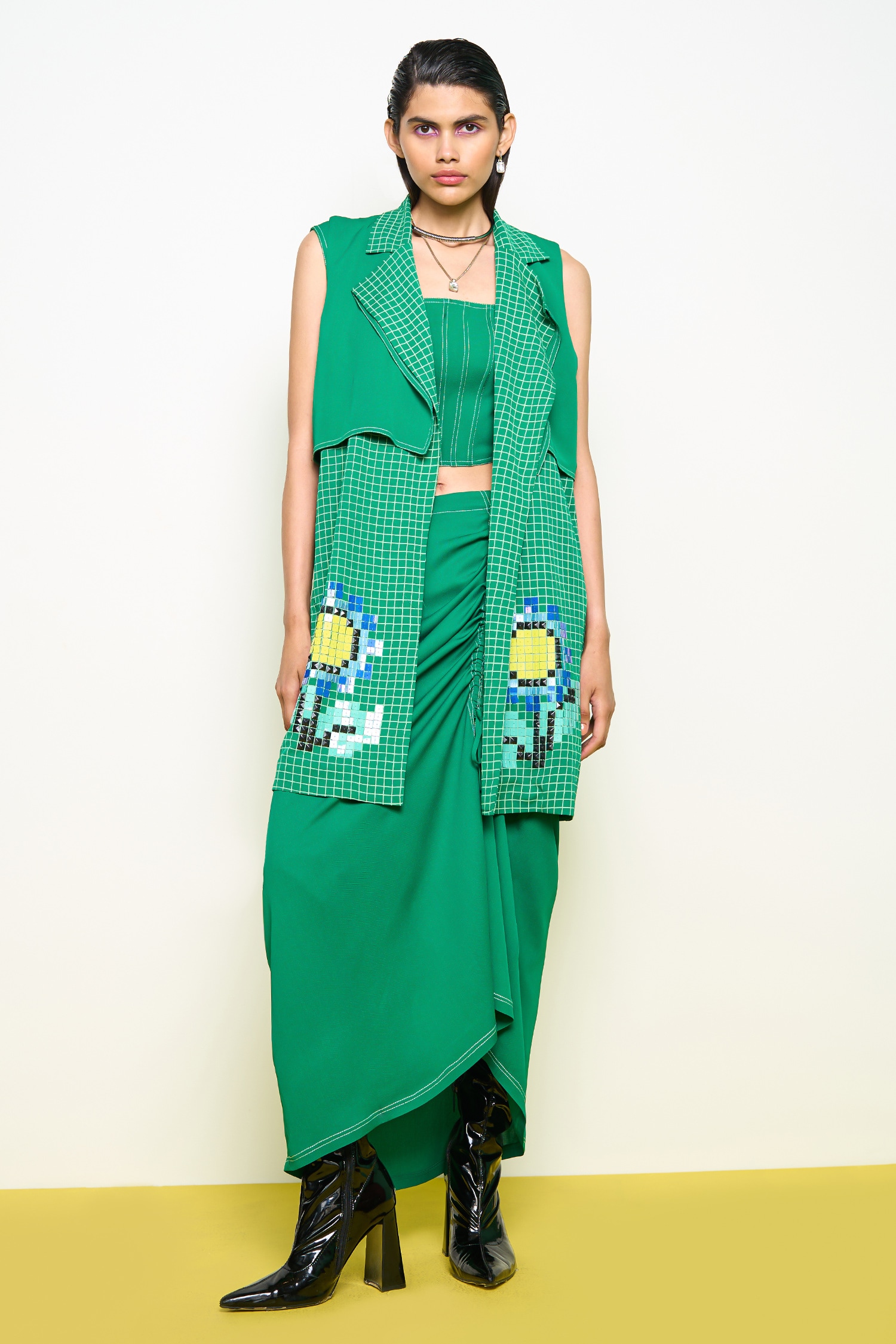 Buy Green Double Georgette Chequered Wildflower Hand Embroidered Jacket ...