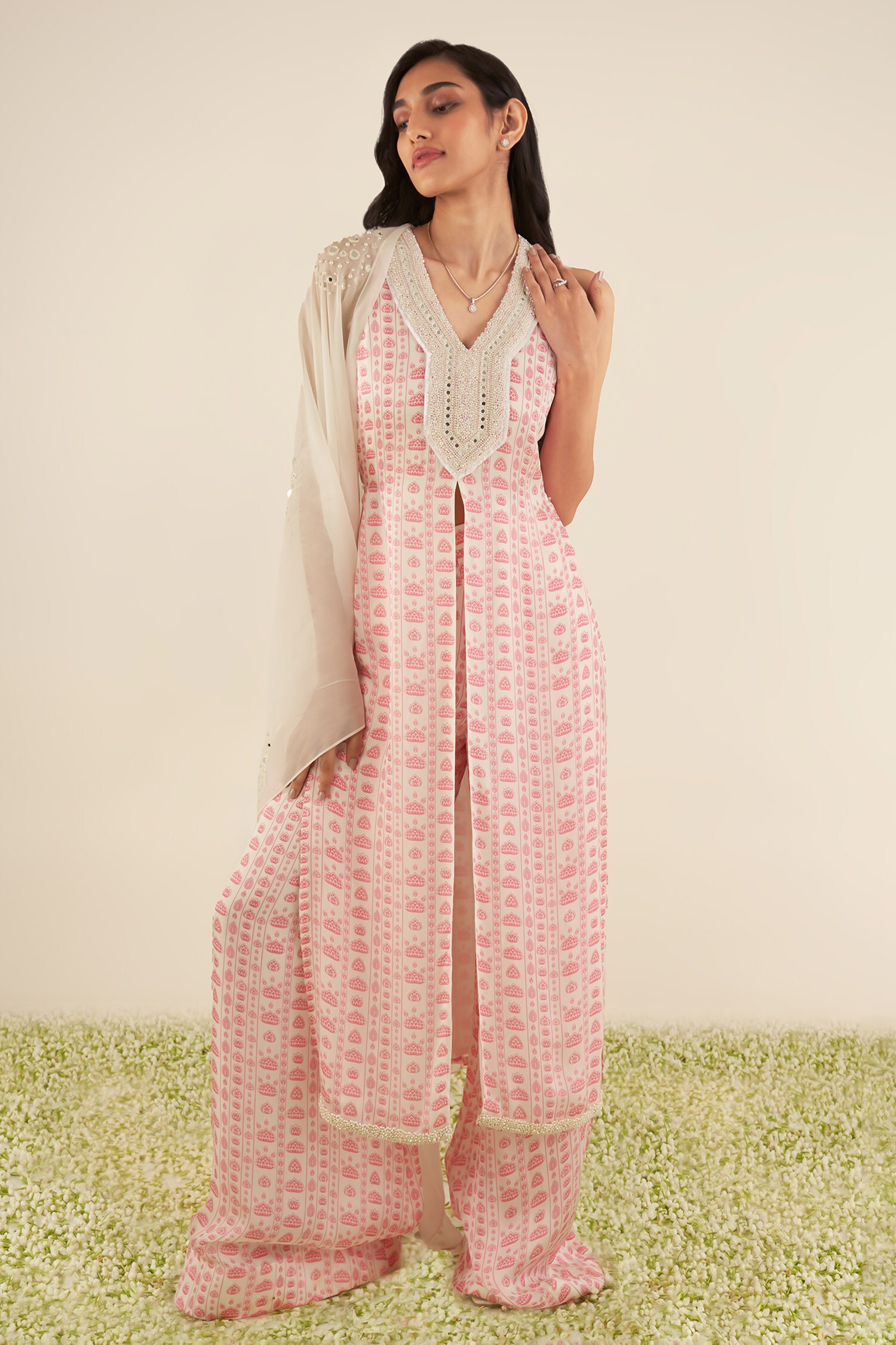 Buy White Organza Satin Printed And Hand Embroidered High Slit Kurta ...