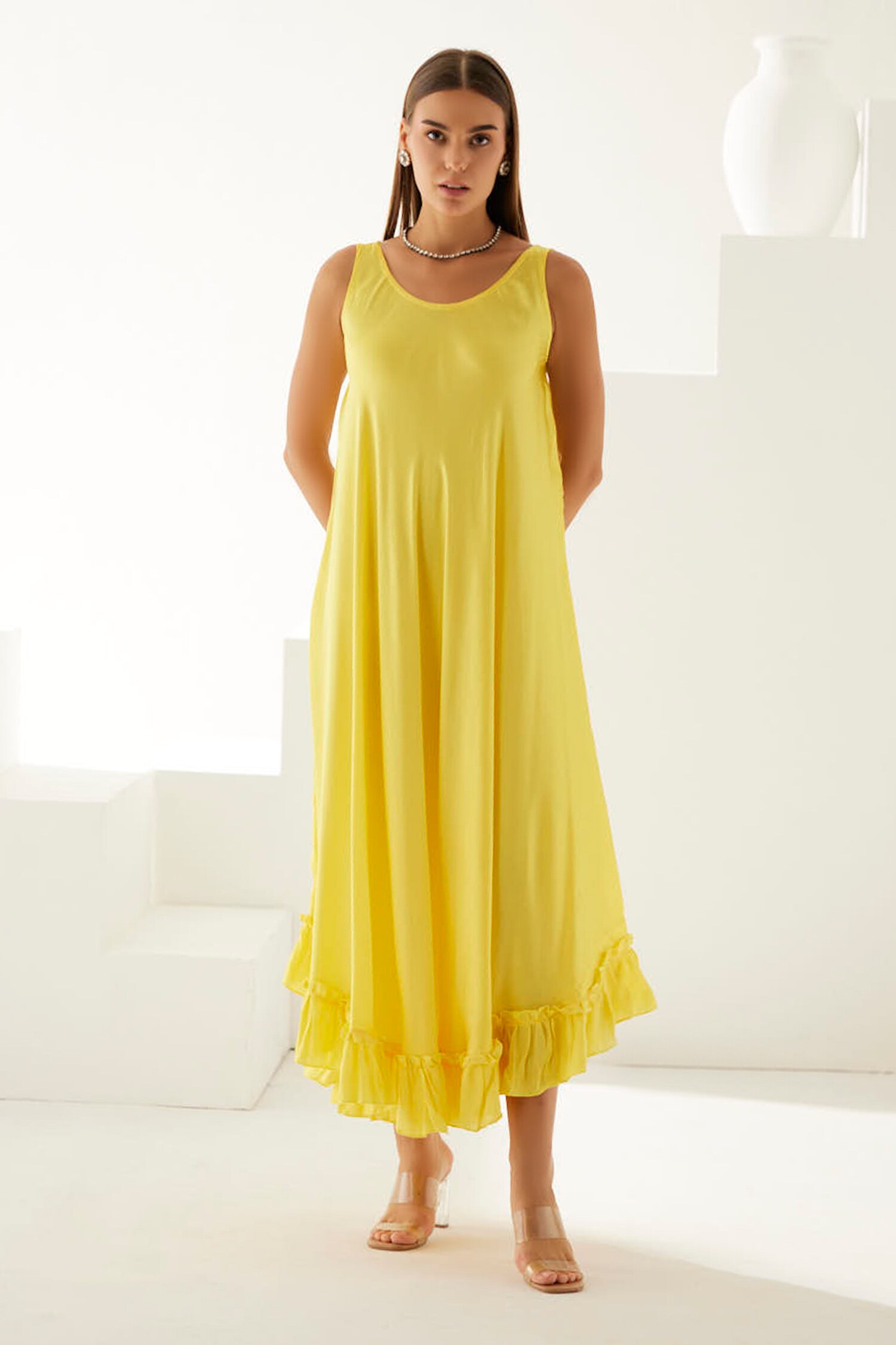 Buy Yellow Modal Solid Round Frilled Hem Dress For Women by Wear JaJa ...