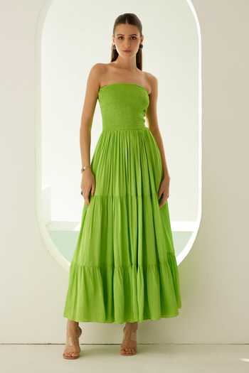 Buy Green Modal Solid Straight Strapless Smocked Dress For Women by ...