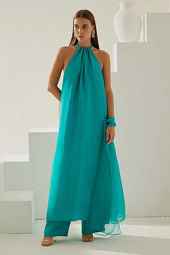 Buy Blue Silk Solid Halter Neck Tunic Palazzo Set For Women by Wear ...