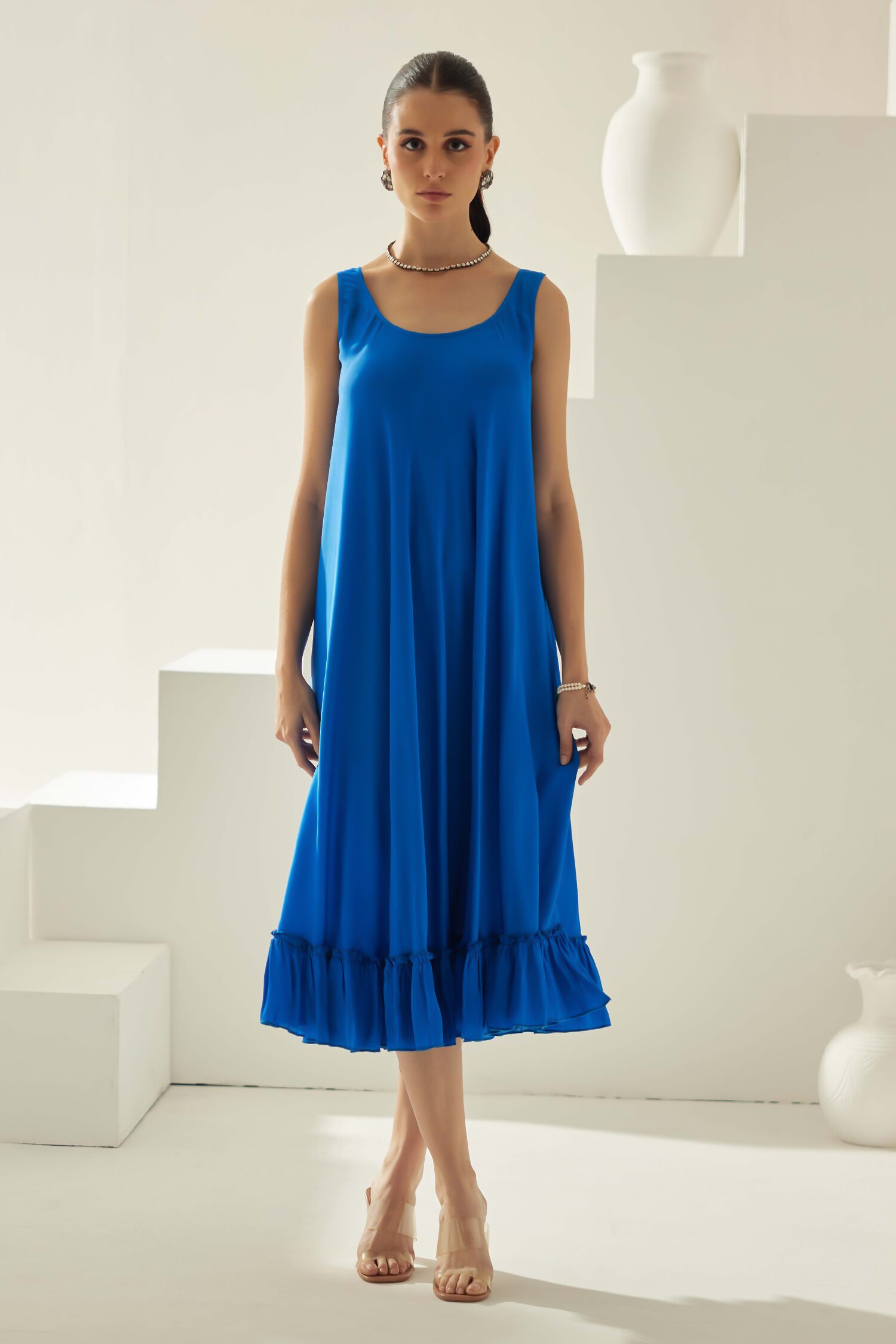 Buy Blue Modal Solid Round Neck Midi Dress For Women by Wear JaJa ...