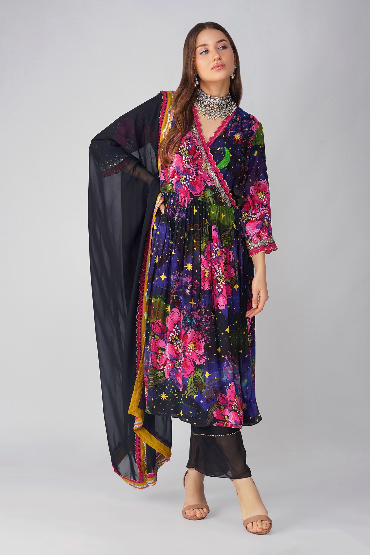 Buy Black Crepe Printed And Embellished Flower V Angarkha Anarkali Set ...