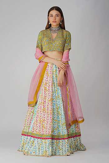 Buy Multi Color Organza Satin Printed And Hand Panelled Lehenga Set For ...