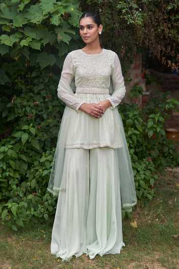 Buy Green Chiffon Embroidery Pearl Amaryllis Peplum Kurta Sharara Set ...