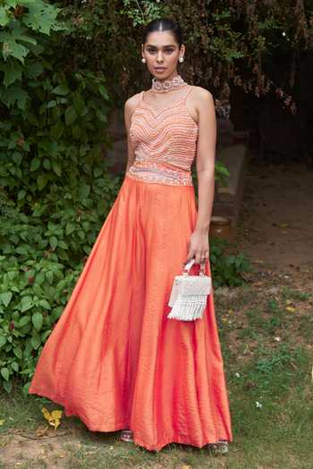 Buy Orange Chanderi Cotton Silk Embroidery Beads Synodic Sequin ...