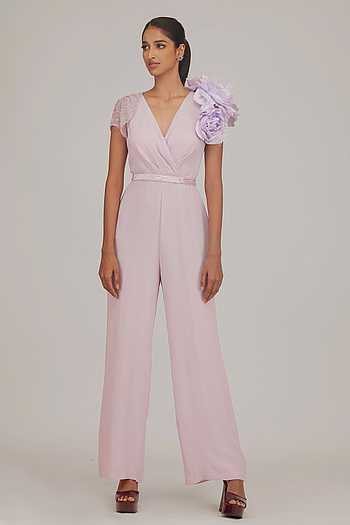 Buy Purple Tulle Hand Embroidered Floral V Neck Bolero Jumpsuit For ...
