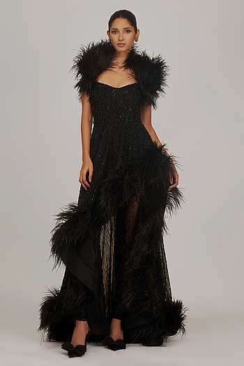 Buy Black Tulle Embellished Feather Open Mini Bolero For Women by ...