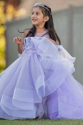 Buy Purple Fancy Net Embellished Feather Dazzling Dream Draped Gown For ...