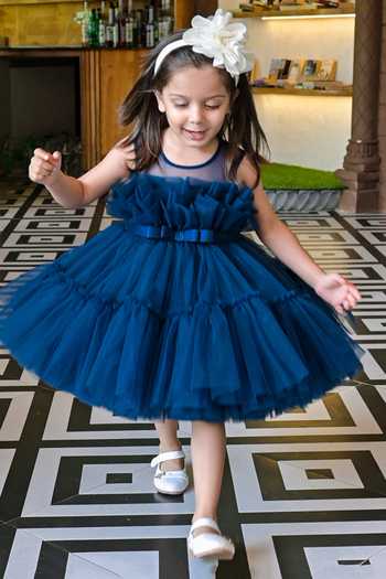 Buy Blue Net Tiana Frill Draped Dress For Girls by JANYAS CLOSET Online ...