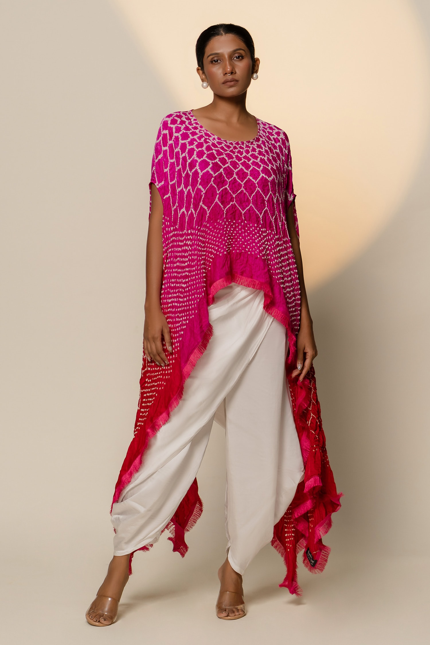 Buy Pink Gajji Silk Printed Bandhani Round Fringe Cape For Women by ...