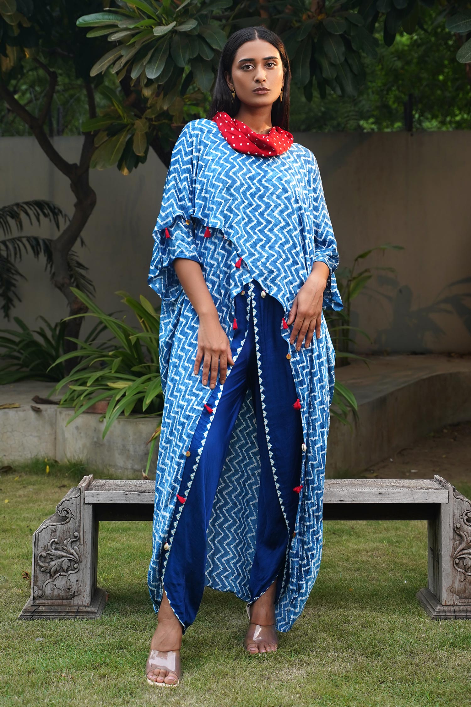 Buy Blue Modal Silk Embellished Shell Overlap Shibori Pattern Kaftan ...