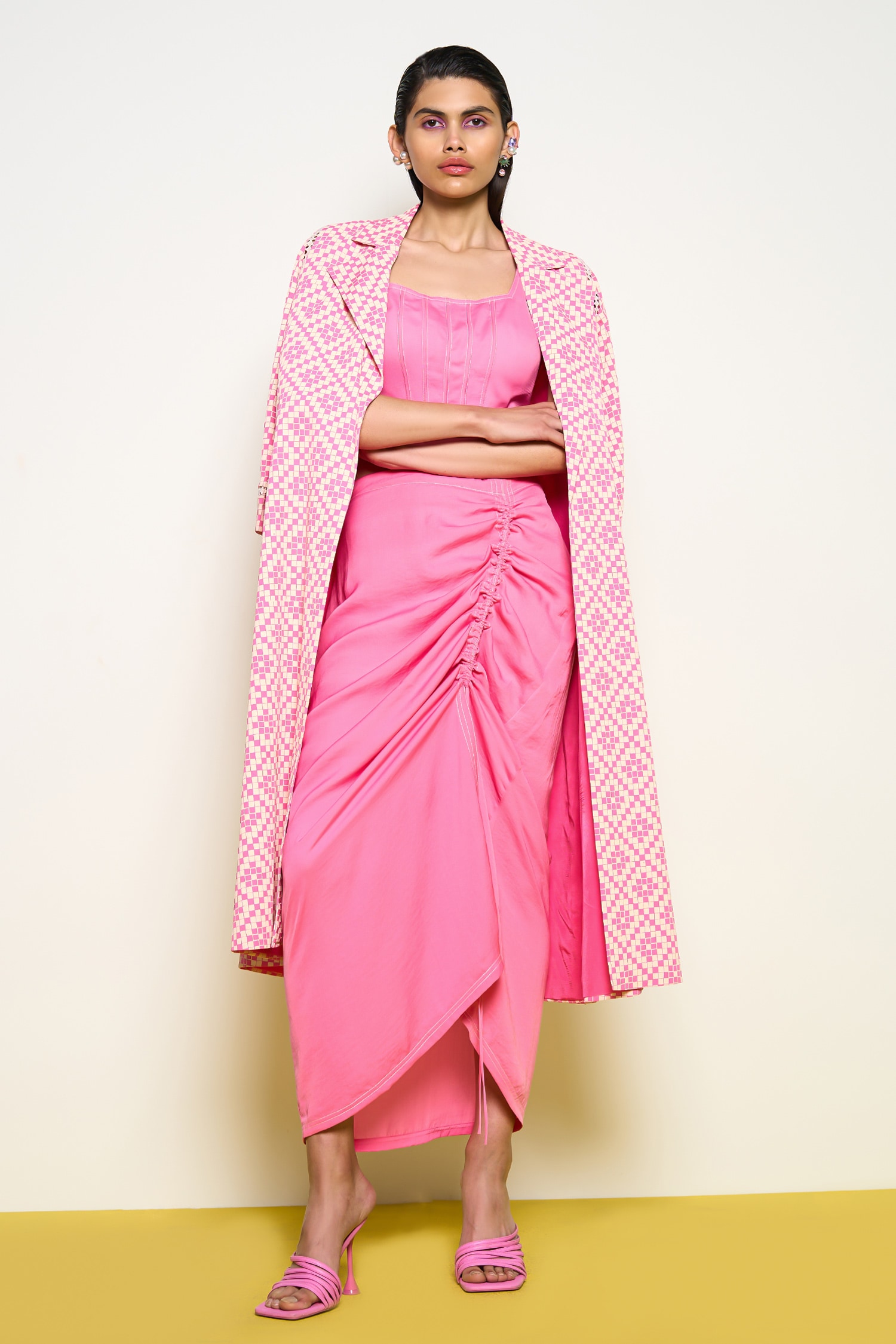 Buy Pink Double Georgette Printed Repeat Lapel Collar Honeycomb Jacket ...