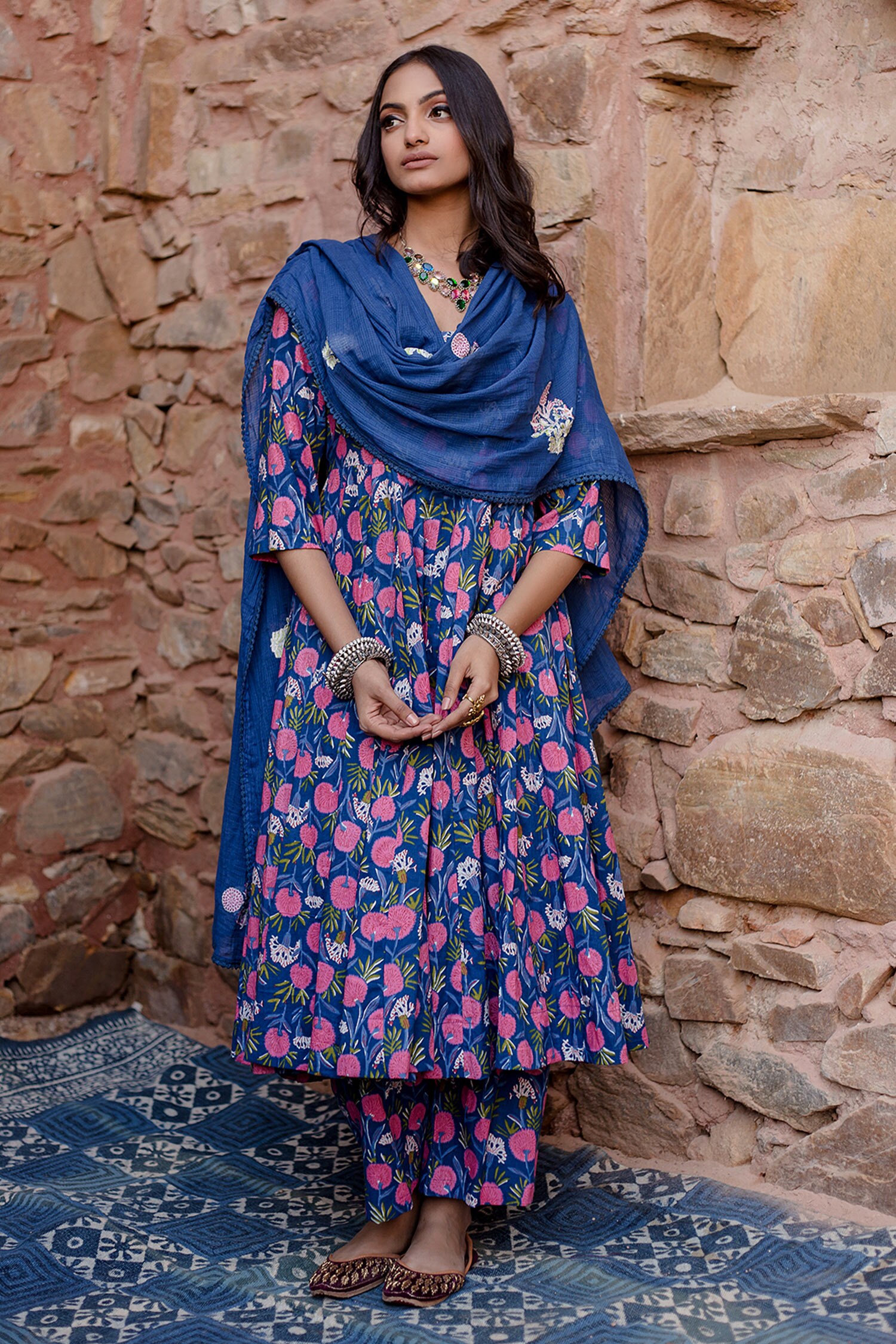 Buy Blue Cotton Print Phool Round Garden Anarkali Set For Women by ...