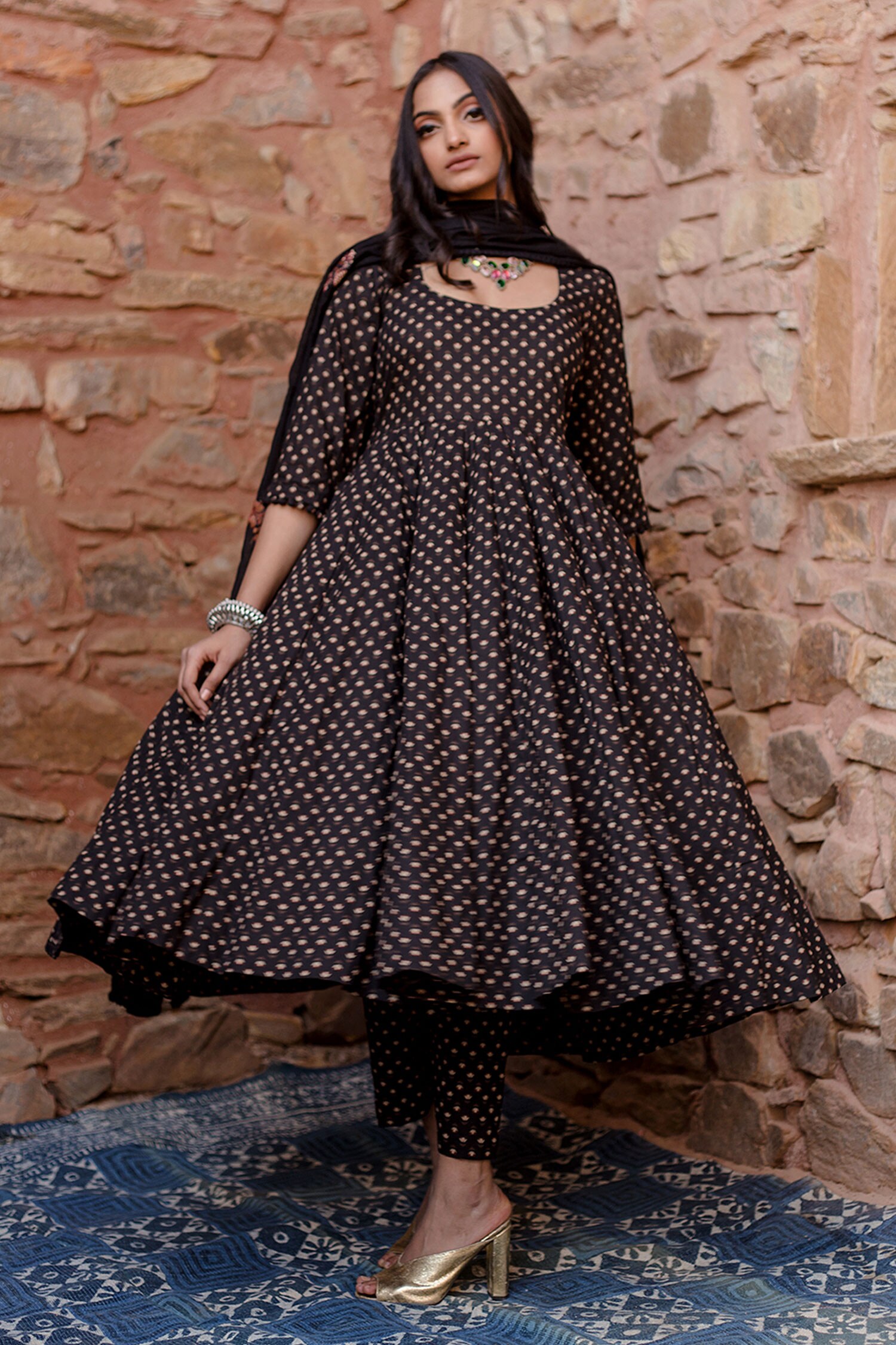 Buy Black Cotton Print Padma Phool Garden Semi Square Neck Anarkali Set ...