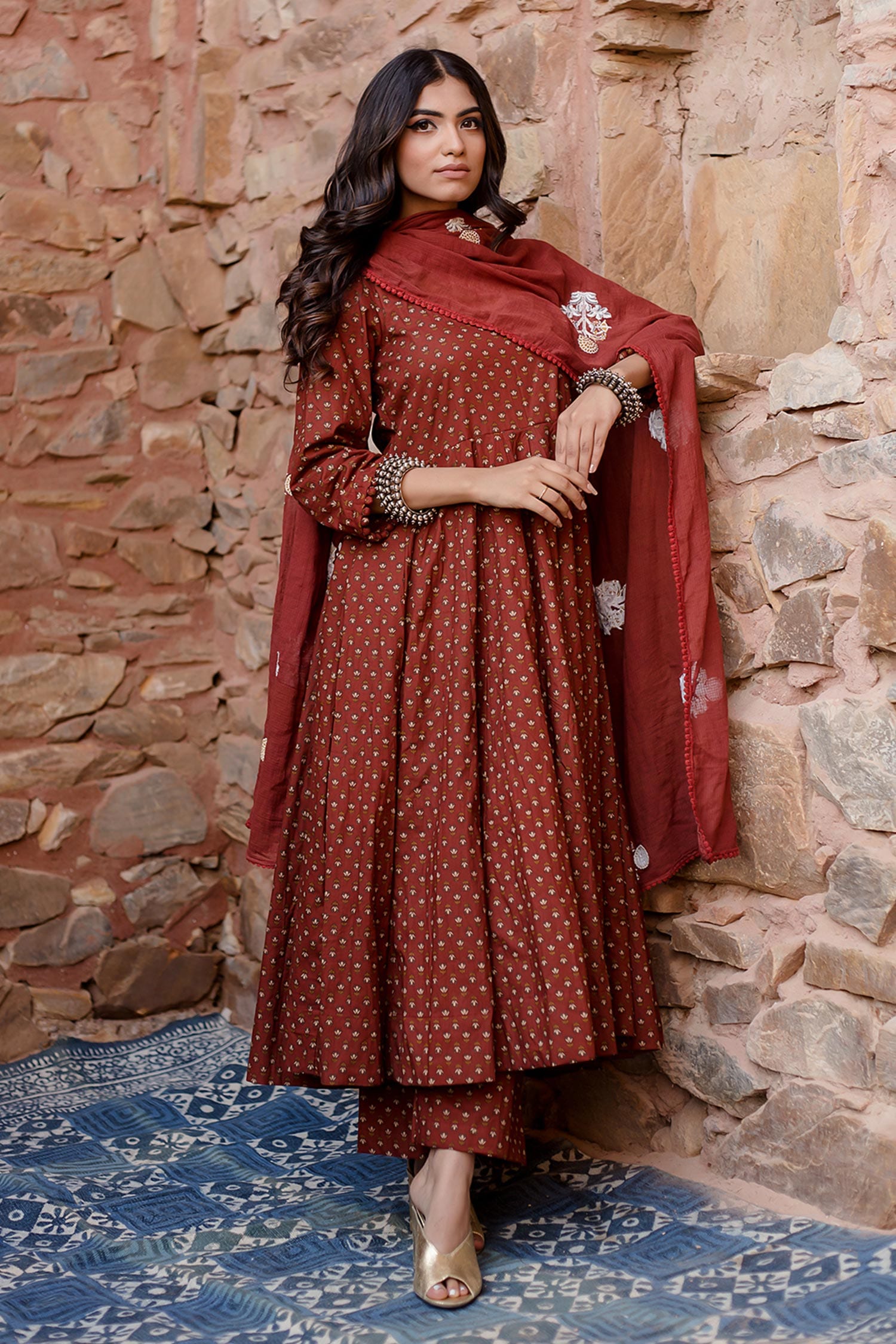 Buy Brown Cotton Print Padma Phool Garden Semi Square Neck Anarkali Set ...