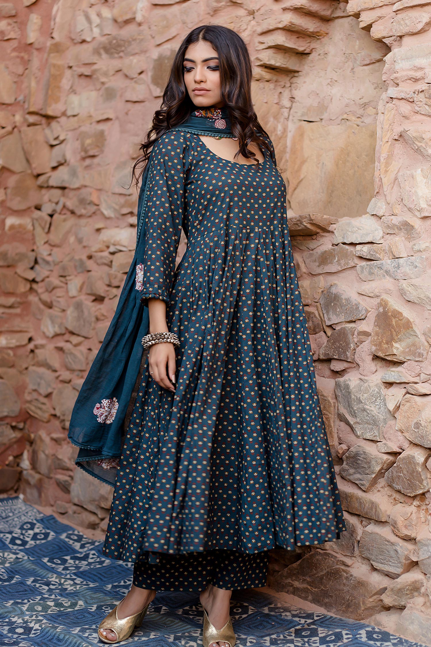 Buy Blue Cotton Print Padma Phool Garden Semi Square Bahar Anarkali Set ...