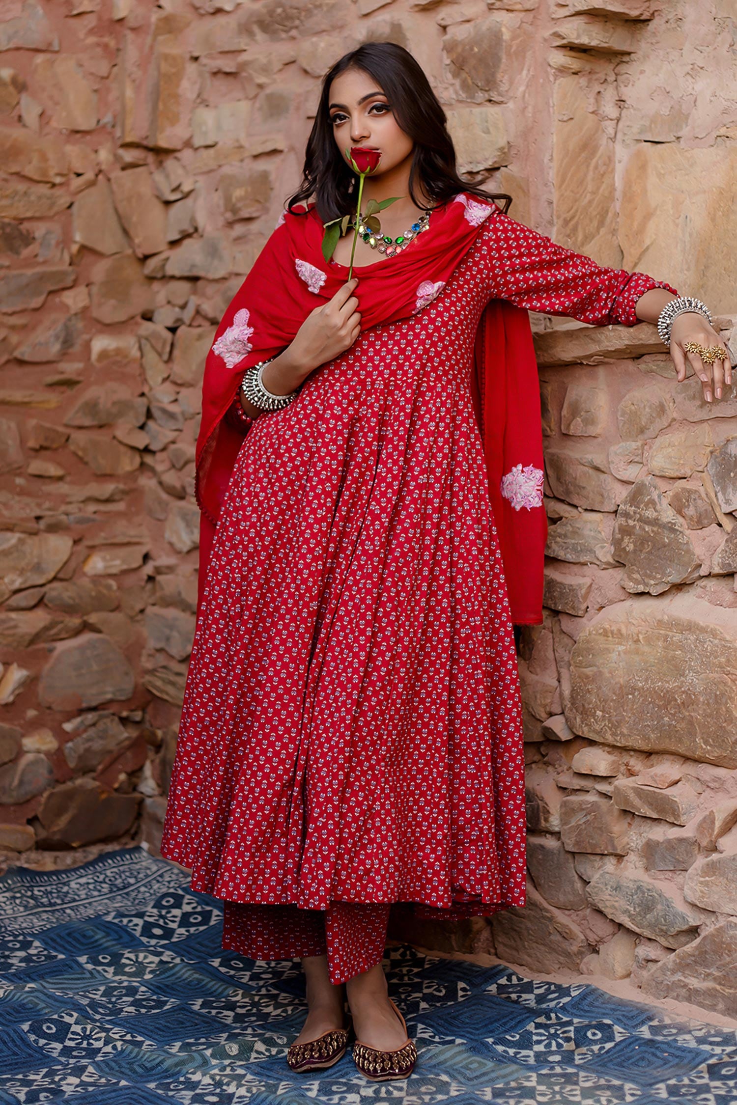 Buy Red Cotton Print Padma Phool Garden Semi Fleur Motif Anarkali Set ...