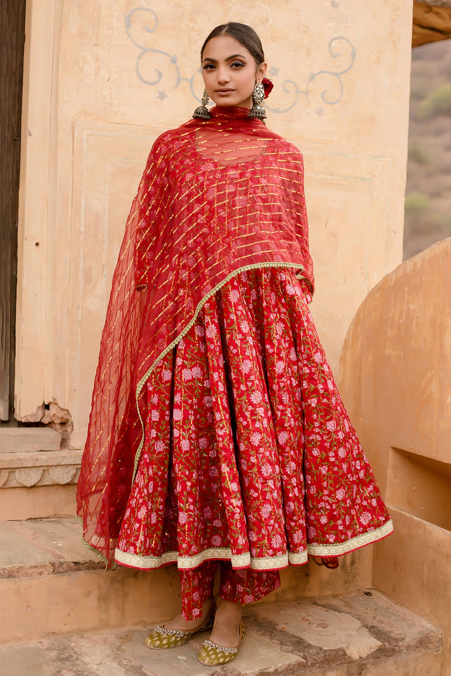 Buy Red Cotton Print Botanic Diamond Neck Prital Bloom Anarkali Set For ...