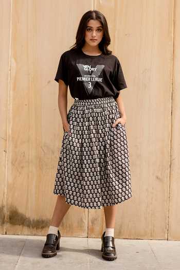 Buy Black Cotton Printed Floral Betty Block Midi Skirt For Women by ...