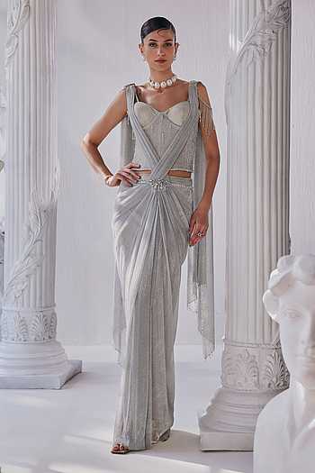 Buy Silver Net Embroidered Bead Sweetheart Crinkled Pre-draped Saree ...