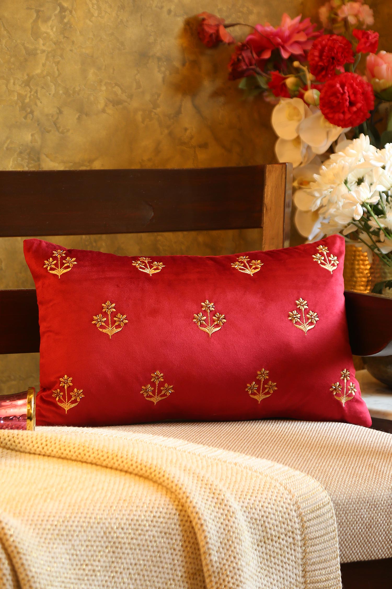 Buy Red Viscose Velvet Bead Rectangle Shaped Embroidered Cushion Cover ...